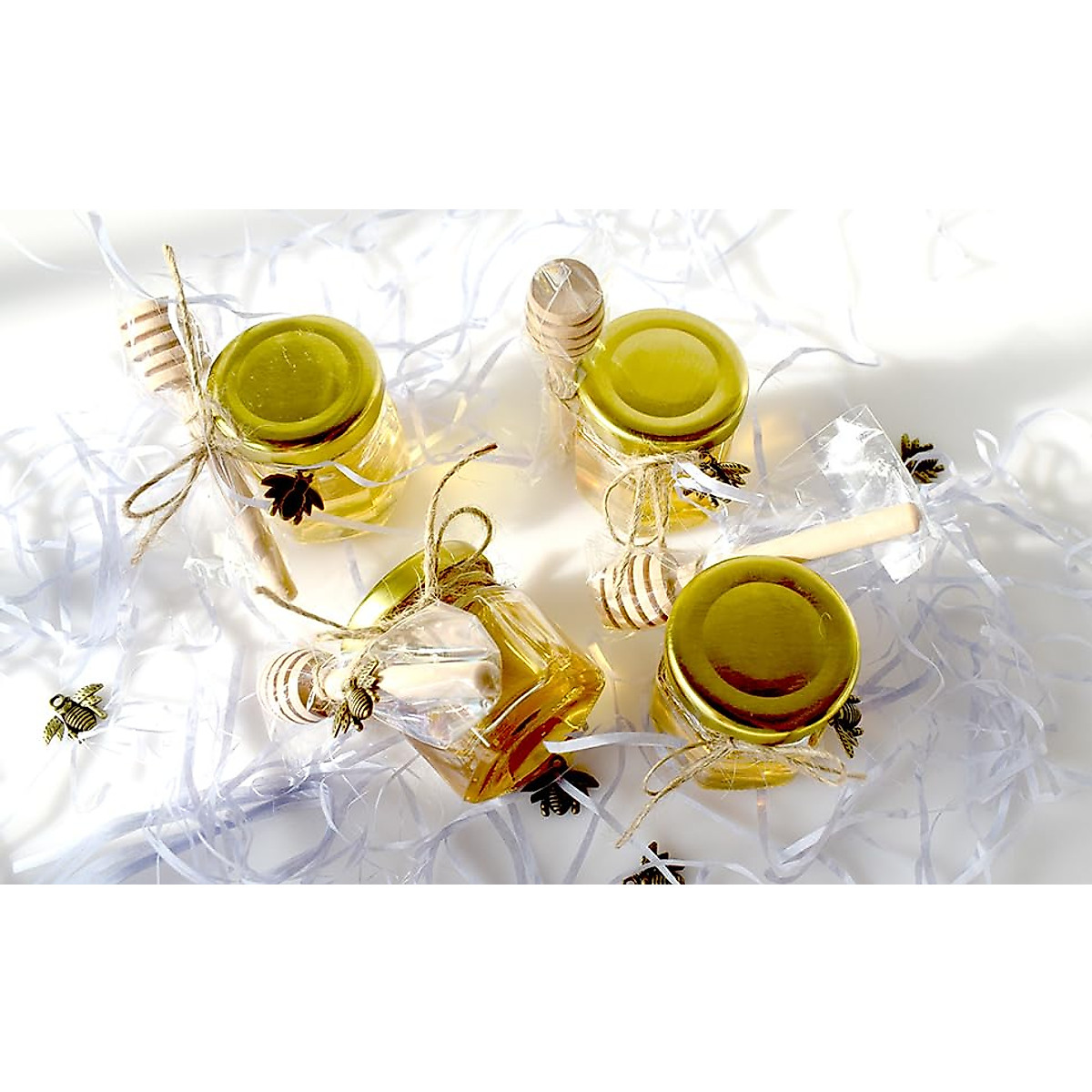 Adabocute 40-Count 1.5 oz Mini Hexagonal Glass Honey Jars - Small with Wooden Dippers, Bee Charms, Gold Gift Bags and Jutes Lids for Baby Shower, Wedding Party Favors