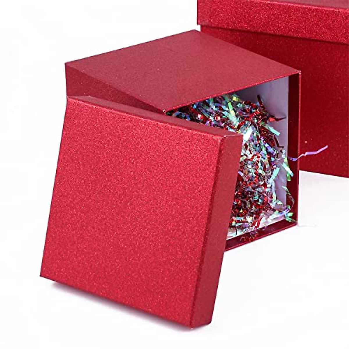 UNIQOOO 5Pcs Red Glitter Christmas Gift Box Set with Lid, Assorted Size, Square Nested Wedding Keepsake Boxes, Holiday Paper Box Tower Organizer For Birthday Party, Mother's Day Gift Wrap Packaging