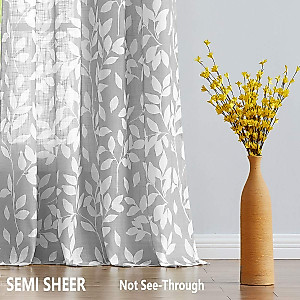 Treatmentex White and Grey Curtains for Bedroom 84" Length Semi-Sheer Print Leaf Curtains for Living Room Windows, Grommet Top, 2 Pack