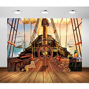 BELECO 7x5ft Fabric Vintage Pirate Ship Backdrop Wooden Rudder Treasure Chests Treasure Map Barrels Parrot Ocean Sailing Ship Nautical Pirates Background Pirate Theme Party Decorations Photo Props