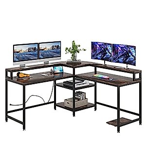 TIYASE L Shaped Desk with Power Outlet and USB Port, 59 in L-Shaped Computer Corner Desk with Storage Shelves, Home Office Desk Workstation with Monitor Stand, Tower Shelf, Rustic Brown