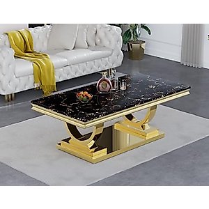46.85" Modern Coffee Table with Black Marble Top, Rectangular Faux Marble Coffee Table with Gold Stainless Steel Pedestal Base, Luxury Cocktail Center Table for Living Room