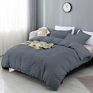 Bowavat Seersucker Duvet Cover Full/Queen Size,100% Washed Microfiber 3 Pieces Dark Grey Duvet Cover Set, Soft Textured Bedding Set with Zipper Closure and Corner Ties (Dark Grey, Full/Queen)