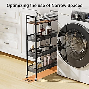 InHomFu Slim Storage Cart, 4 Tier Kitchen Rolling Utility Cart, Narrow Unit Slide Out Cart with Handle, 5.9 Inches Wide, Metal Organization and Storage for Kitchen, Bathroom, Laundry, Black
