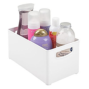 mDesign Plastic Storage Organizer Wide Container Bin with Handles for Bathroom, Home Organization - Holds Vitamins, Supplements, Makeup, Styling Tools - Ligne Collection - 4 Pack - White