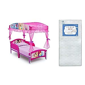 Delta Children Canopy Toddler Bed, Disney Princess + Delta Children Twinkle Galaxy Dual Sided Recycled Fiber Core Toddler Mattress (Bundle)