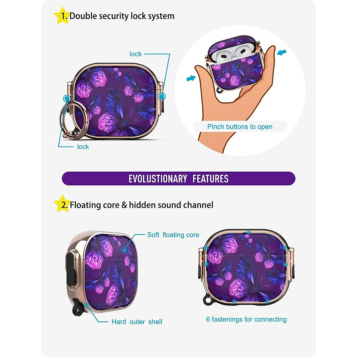 GuarzFun for AirPod 3 case with Lock, AirPods 3rd case for Women Men, Flower Hard case with Keychain (Purple Butterfly)
