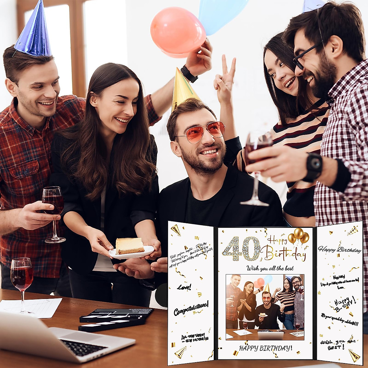 DARUNAXY Black Gold 40th Birthday Party Decorations, Happy 40th Birthday Alternative Signature Guest Book for Men Women 40 Years Old Table Sign Picture Frame Gift 40 Birthday Card Board Party Supplies