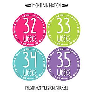 Months In Motion Pregnancy Weekly Belly Growth Stickers - Week to Week Pregnant Expecting Photo Prop - Maternity Keepsake - Baby Bump - Large Set of 36 Weekly Photo Sticker