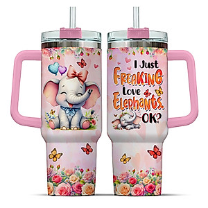 99WHALE Elephant Gifts, Tumbler 40 Oz With Handle Lid And Straw, Elephant Floral, Insulated Simple Stainless Primrose Coffee Parade Flower Red Heart Quartz Yellow Steel Camelia