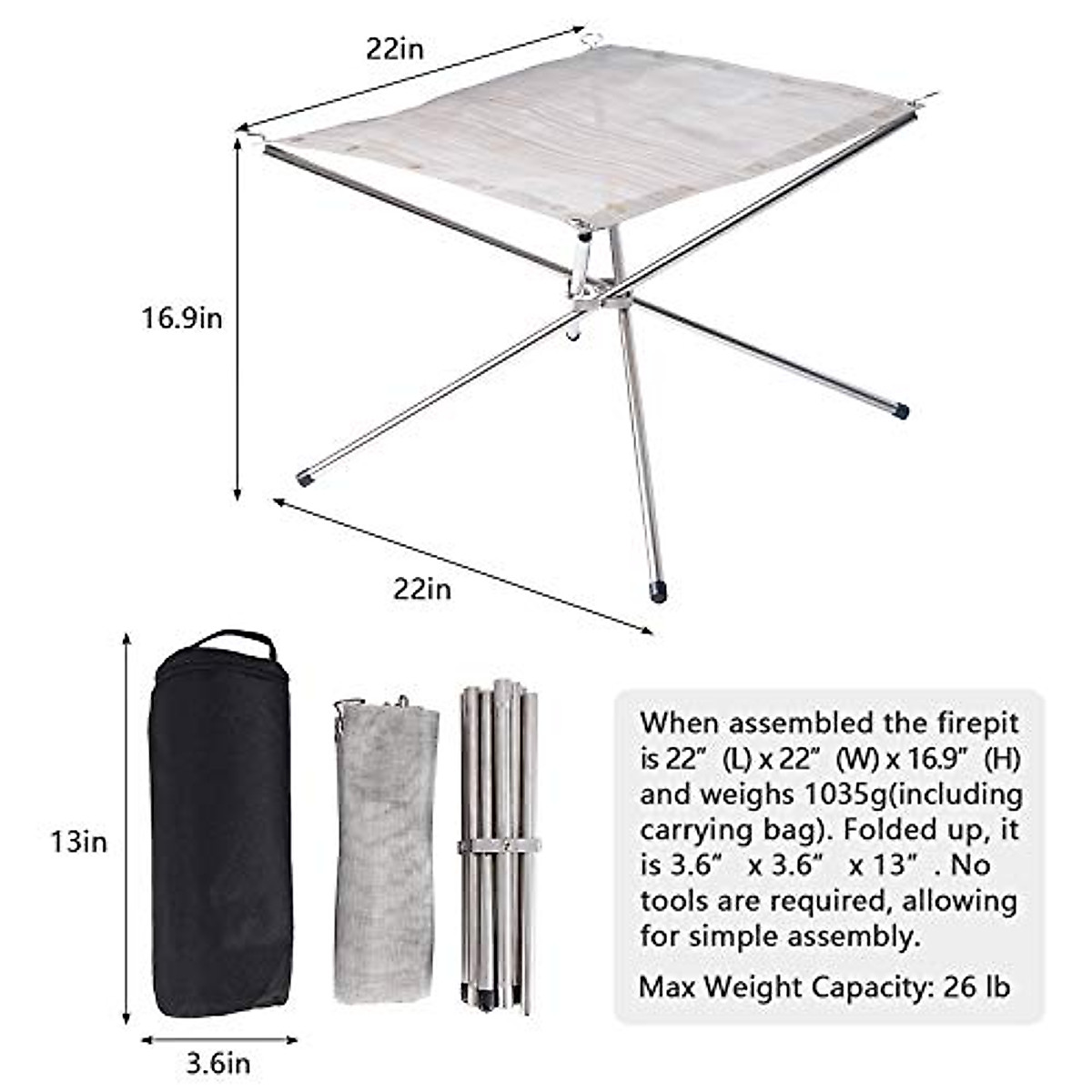 22 inch Portable Outdoor Fire Pit, Collapsing Steel Mesh Fireplace - Perfect for Camping, Backyard and Garden - Carrying Bag Included