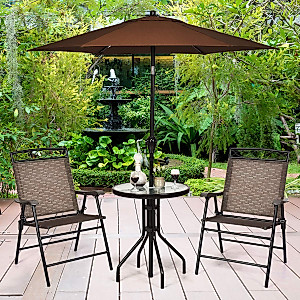 renatone 3 Piece Patio Bistro Set, Outdoor Bistro Dining Furniture Set Table & Folding Chairs for Garden, Pool, Backyard, Tempered Glass Tabletop with Umbrella Hole