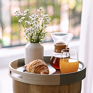 Kiwi Homie 13.78" Dia Spun Bamboo Serving Tray, Round Tray with Handles, Round Ottoman Tray, Semi Grey for Coffee Table, Serving Food on Home Dining Table, Restaurant (Grey)