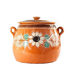 Olla De Barro Frijolera w/ Lid 3.5 Qt. Canterito Cazuela Traditional Floral Decorative Artisan Artesania