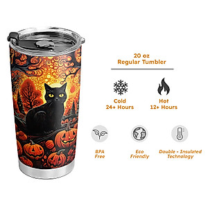 ORCAE 20oz Halloween Pumpkin Ghost Black Cat, Gifts for Cat Lovers, Halloween, Trick or Treat Gifts, Coffee Thermos, Stainless Steel Double Wall Vacuum Insulated Coffee Mug, Travel Cup with Lid - O