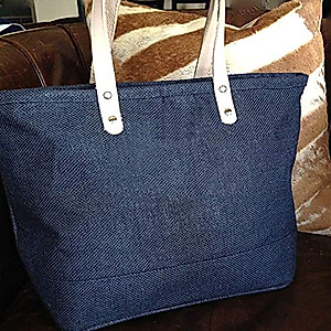 Jute Tote Bag With Leather Handles - Burlap Tote Bags With Zipper, Burlap Purse, Shopping tote Bag for women, Handbag (Navy Blue)