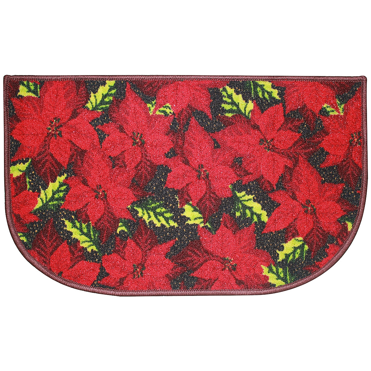 Kashi Home Christmas Kitchen Rug, Printed Holiday Area Rug, Durable Floor, Door Mat, Non-Slip Carpet Latex Backing, Red Poinsettia 18"x30", D-Shape