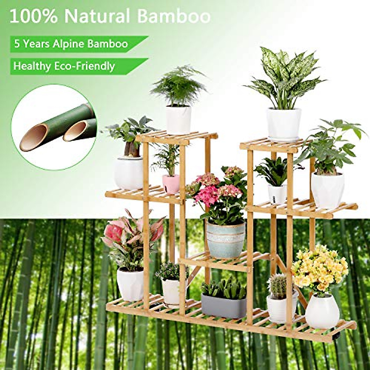 Bamboo Plant Stand Rack 4 Tier Indoor&Outdoor Multiple Flower Pot Holder Shelf Planter Display Shelving Unit for Patio Garden, Living Room, Corner Balcony and Bedroom (13 Flowerpots)