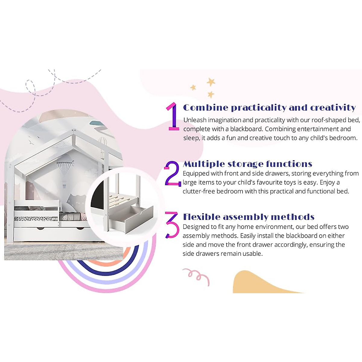 DNYN Twin Size House Bed with Storage Drawers for Kid Bedroom,Solid Wood Platfrom Bedframe w/Blackboard Design,Super Save Space & No Box Spring Needed, White