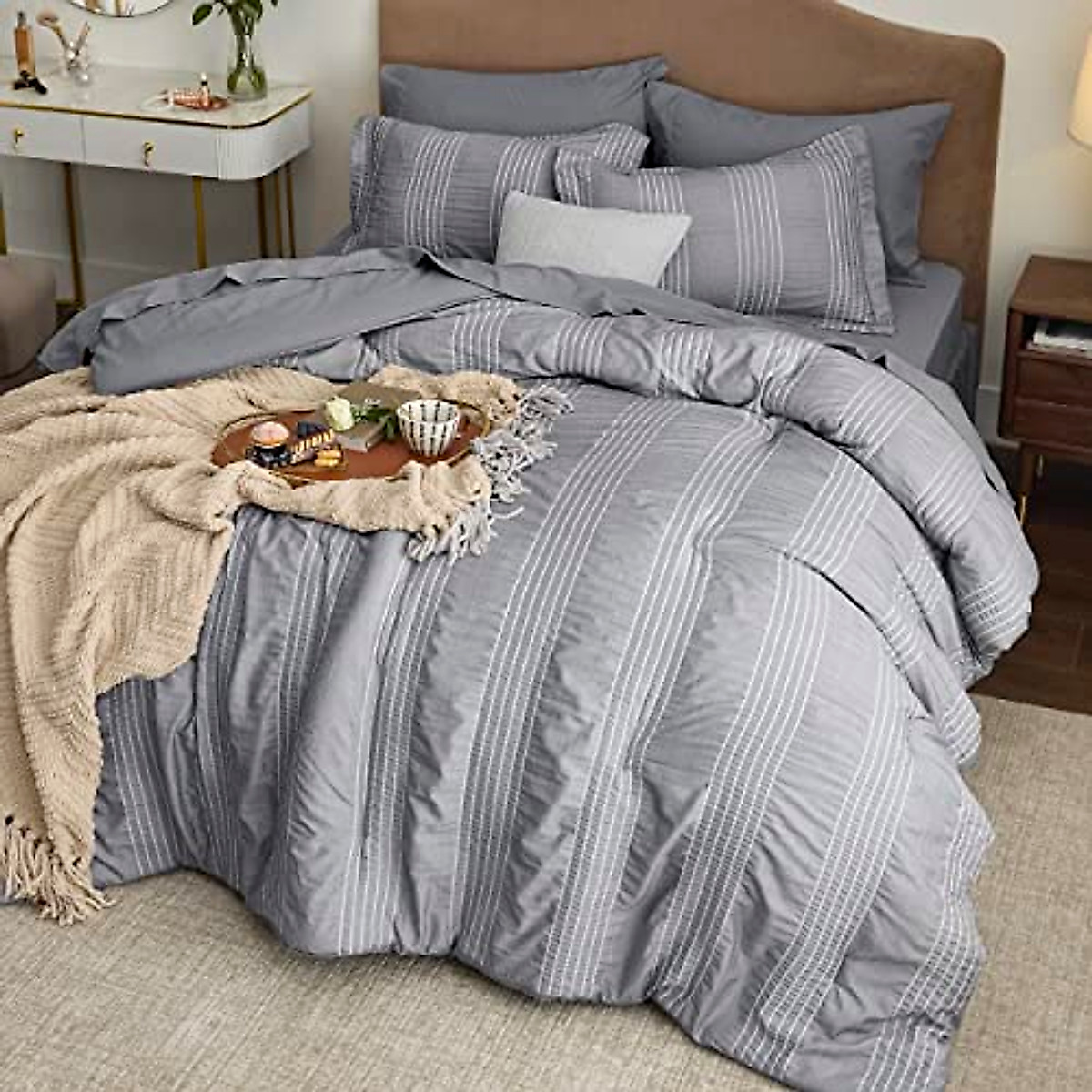 Bedsure Bed in a Bag Queen - Queen Comforter Set 7 Pieces Stripes Seersucker Bedding Set, Soft Lightweight Down Alternative Comforter, Queen Bed Set (Smoky Grey, Queen 88 x 88 Inch)