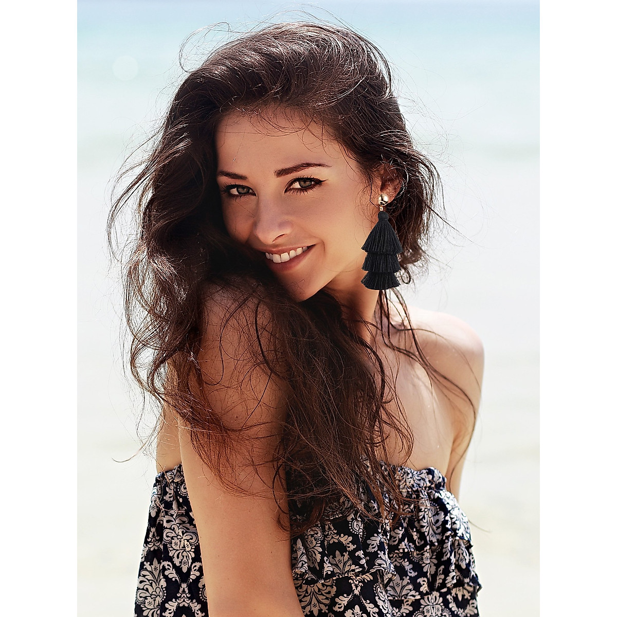 Hestya 2 Pairs Tassel Earrings for Women Girls Handmade 3 Tiered Tassel Dangle Earrings and Gold Hoop Earrings (Black)