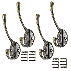 Bonsicoky 4 PCS Farmhouse Wall Mounted Coat Hooks, Decorative Heavy Duty Double-Hook Wall Hooks with Screws for Coats Bags Hats Towels - Black
