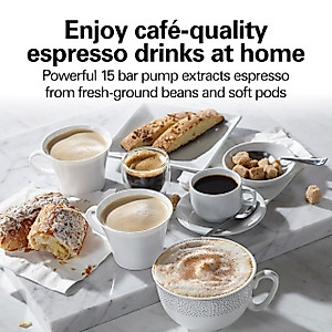 Hamilton Beach 15 Bar Espresso Machine, Cappuccino, Mocha, & Latte Maker, with Milk Frother, Make 2 Cups Simultaneously, Works with Pods or Ground Coffee, 50 oz. Water Reservoir, Black