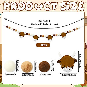 JarThenaAMCS 3Pcs Highland Cow Felt Garland Cute Brown Cow Hanging Banner Brown White Pom Ball Banner for Cowboy Birthday Party Baby Shower Party Supplies