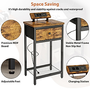 Fixwal Nightstands Set of 2 with Charging Station, Night Stand End Table with USB Ports & Outlets, Bedside Table with Fabric Drawer for Bedroom, Rustic Brown
