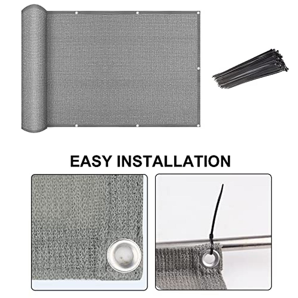 2'6" x 15' Grey Fence Screen Balcony Privacy Screen Shade Netting Mesh Cloth with Grommets for Apartment, Patio, Backyard, Porch, Railing - Customized Size