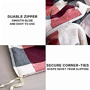 ECOCOTT 3 Pieces Duvet Cover Set Queen 100% Washed Cotton 1 Duvet Cover with Zipper and 2 Pillowcases, Ultra Soft and Easy Care Breathable Cozy Simple Style Bedding Set(Red,Blue and White Grid)