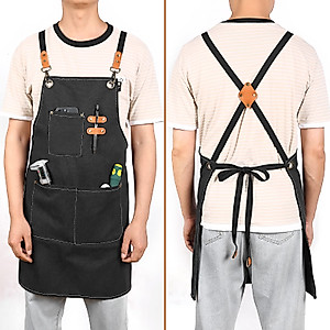Chef Grill or Work Aprons for Women and Men with Large Pockets, Cross Back Waterproof Chef Apron, Adjustable Painting, Barbecue, Kitchen Cooking, Baking Apron, Work Shop Accessories M-XXL(BLACK)