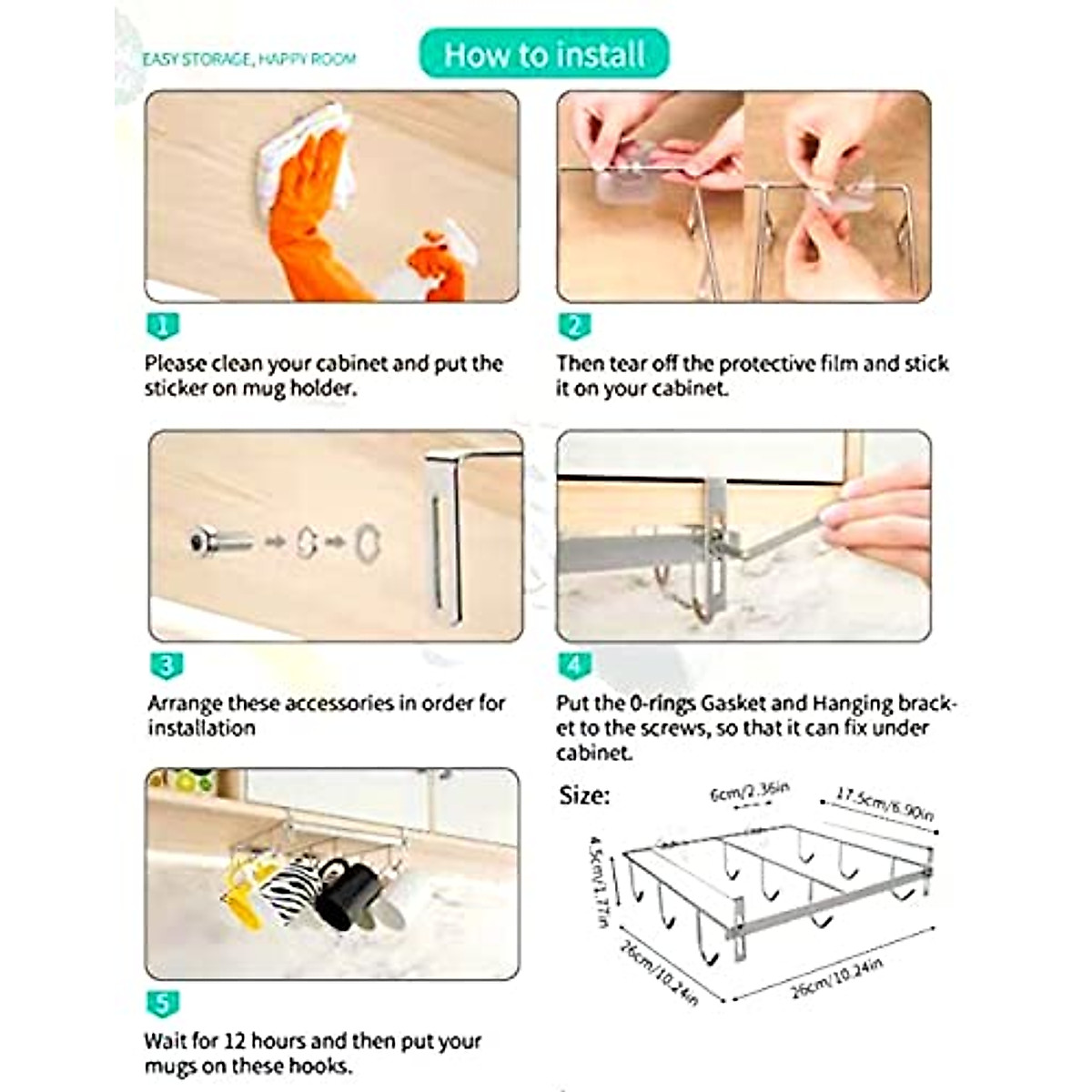 Coffee Mug Holder - 304 Stainless Steel ，Cup Rack Under Shelf ，Applicable Cabinet Adjustment Thickness 0.39 "-1.17" (9-Hooks) (Primary Color, 1 Piece)