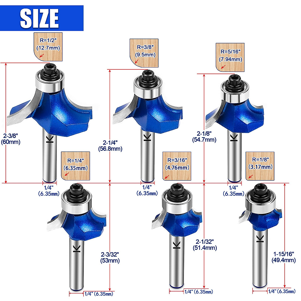 NICAVKIT 6Pcs Roundover Router Bit 1/4 Shank,Radius in 1/8" 3/16" 1/4" 5/16" 3/8" 1/2",Carbide Tip 2 Flutes Corner Rounding Over Edge Forming Router Bit with Bearing Guide CNC Woodworking Tool