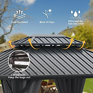 Domi 12’ X 16’ Hardtop Gazebo Canopy with Netting & Curtains, Outdoor Aluminum Gazebo with Galvanized Steel Double Roof for Patio Lawn and Garden, Gray