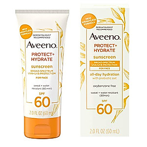 Aveeno Protect + Hydrate Moisturizing Face Sunscreen Lotion With Broad Spectrum Spf 60 & Prebiotic Oat, Weightless & Refreshing Feel, Paraben-free, Oil-free, Oxybenzone-free, 2.0 ounces