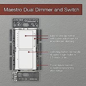 Lutron Maestro Dual Digital Dimmer and Switch, Only for Incandescent and Halogen Bulbs, 300-Watt Single Pole | MA-L3S25-WH | White