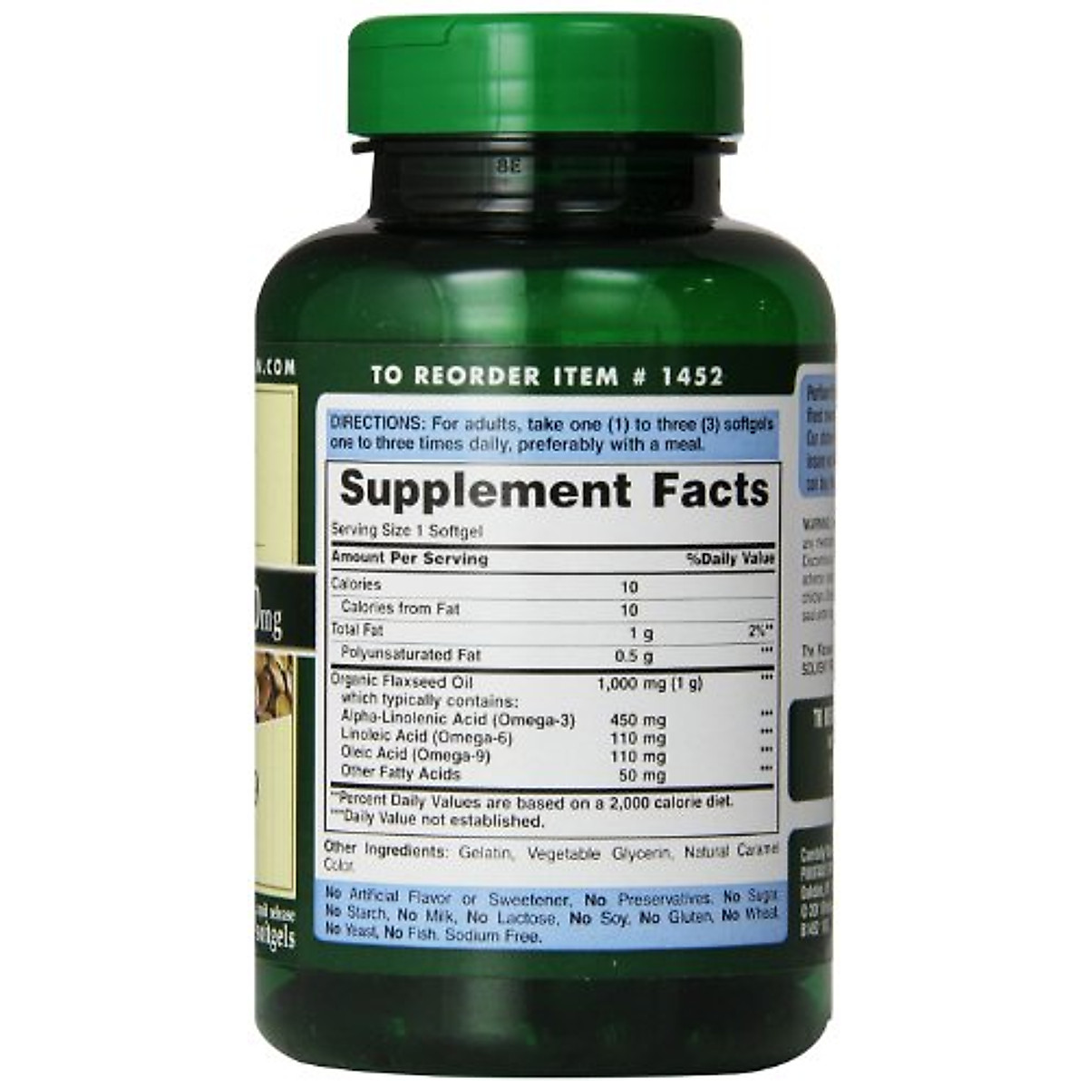 Puritan's Pride Premium Natural Flax Oil 1000 mg Omega-3, 6 & 9 Cold Pressed, 120 Softgels