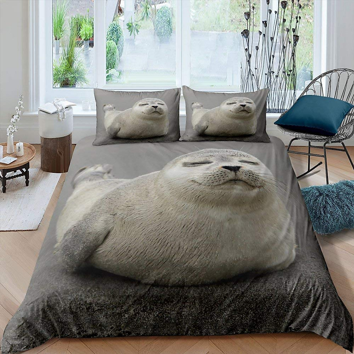 Homewish Seal Bedding Set 3pcs for Kids Boys Teens Sea Animal Theme Comforter Cover Underwater Marine Sealife Duvet Cover Set Microfiber Bedspread Cover with 2 Pillow Cases(No Comforter) Queen Size