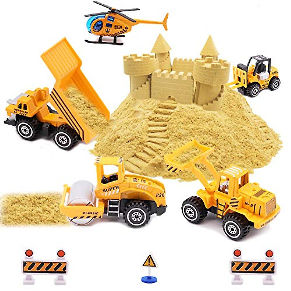 Childom Engineering Vehicle Toys Set Alloy Construction Big Forklift,Single Drum Roller,Stacker/Crane,Helicopter,Excavator,Heavy Duty Truck Mini Toy Set for Kids Boys Girl