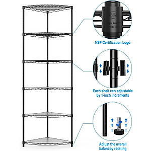 Corner Shelf Wire Shelving Unit, 6 Tier NSF Metal 420lbs Capacity Heavy Duty Adjustable Storage Rack with Shelf Liners for Closet Kitchen Bathroom Garage Basement, 72" H x 18" L x 18" D - Black