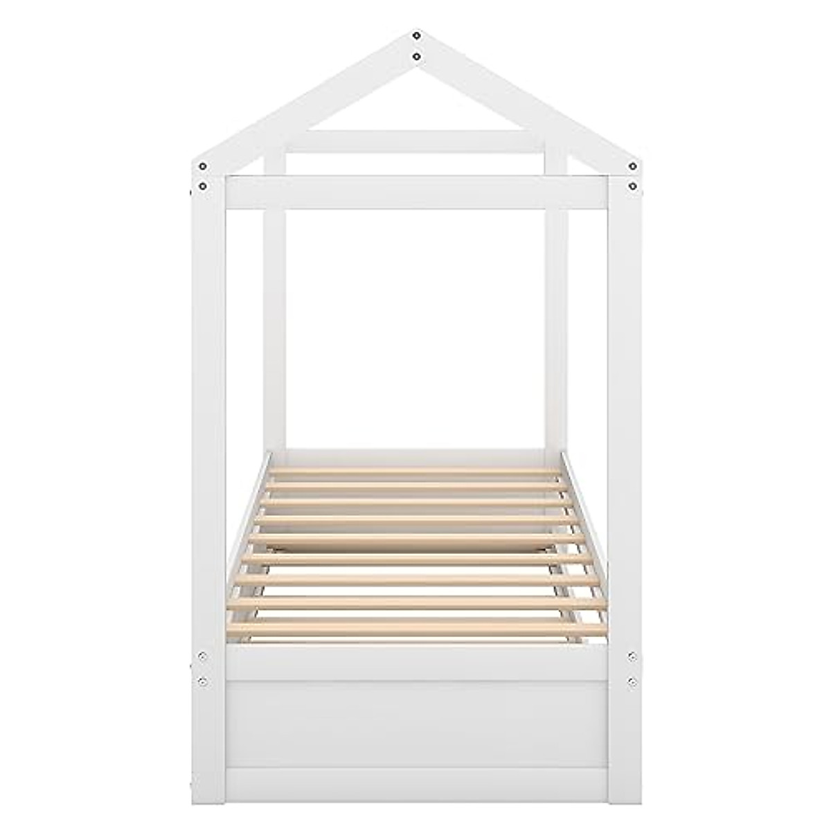 Lostcat Twin Size House Bed with Trundle, Solid Pine Wood Bed Frame and Roof Design, Can be Decorated, for Kids, Girls and Boys, No Box Spring Need, Easy to Assemble, White
