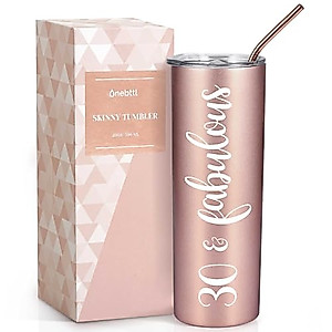 Onebttl 30th Birthday Gifts for Women, Female, Her - 30 and Fabulous - 20oz/590ml Stainless Steel Insulated Tumbler with Straw, Lid, Message Card - (Rose Gold)