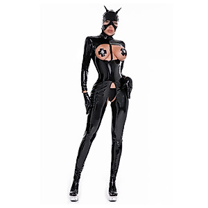 Hedmy Women's Metallic Catsuit Bodysuit Sexy Crime Fighter Costume Wet Look Latex Jumpsuit Outfit Black Medium