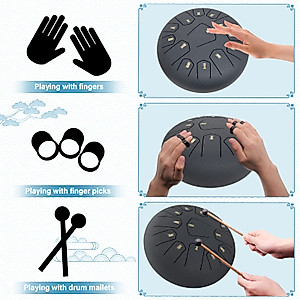 Steel Tongue Drum,12 Inch 13 Note Tank drum percussion instrument,C Key Handpan Drum with Drum Mallets Carry Bag,Beautifully Designed and Peaceful Sound