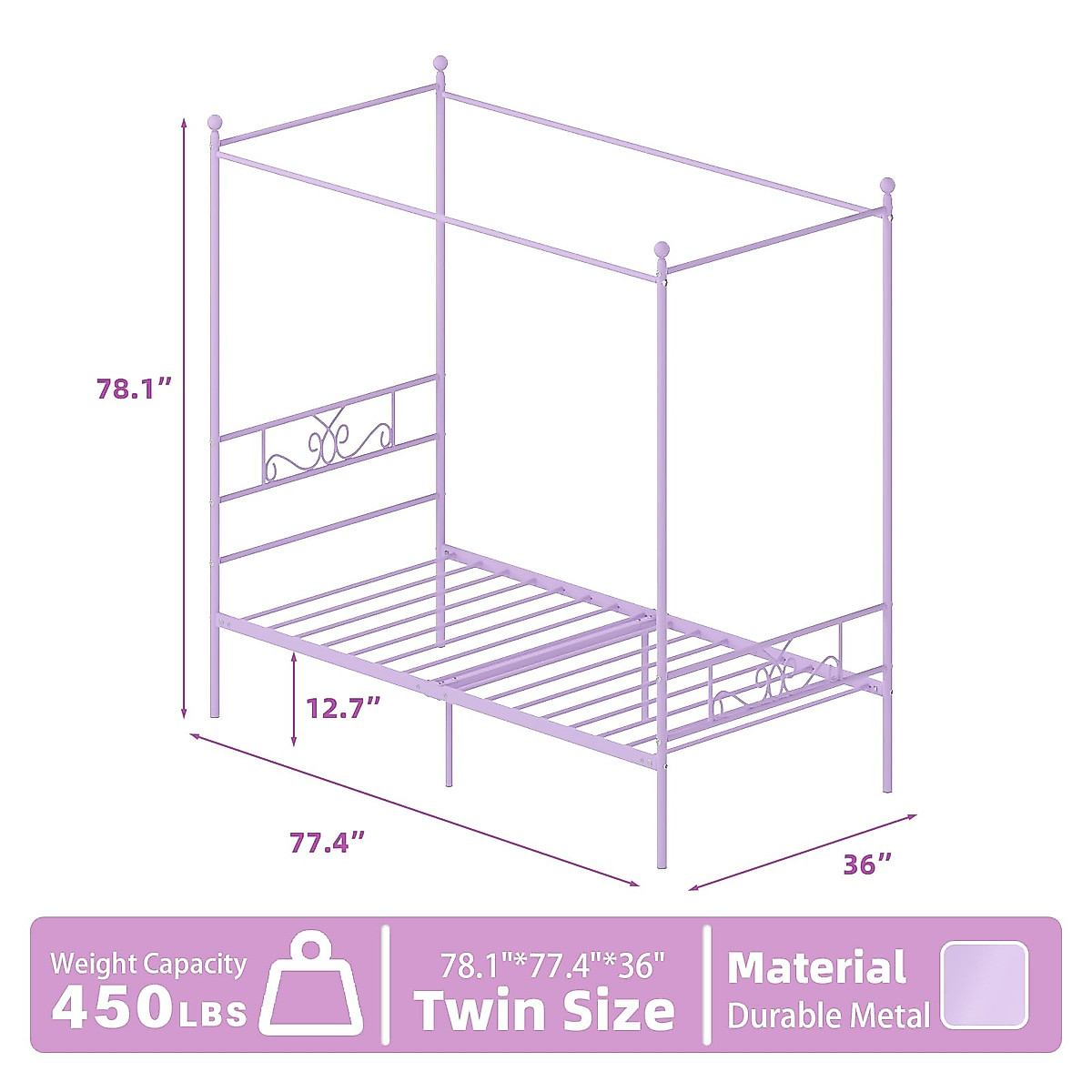 Weehom Twin Canopy Bed Frame with Headboard and Footboard, 4 Posters Metal Bed Frame, No Box Spring Needed, Mattress Foundation Platform Bed for Kids and Adults, Purple
