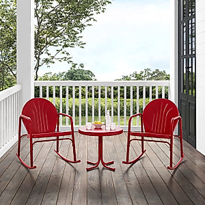 Crosley Furniture Griffith 3-Piece Outdoor Rocking Chair and Side Table Set, Retro Metal Bistro Patio Sets, Bright Red Gloss