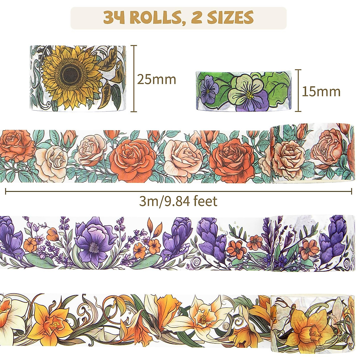 Ieebee Flower Washi Tape Set, 34 Rolls Floral Tapes for Journaling Supplies, 25mm and 15mm Decorative Tape for Crafts, Christmas Gifts for Moms, Girlfriends, Kids (Rose, Sunflower, Lavender)