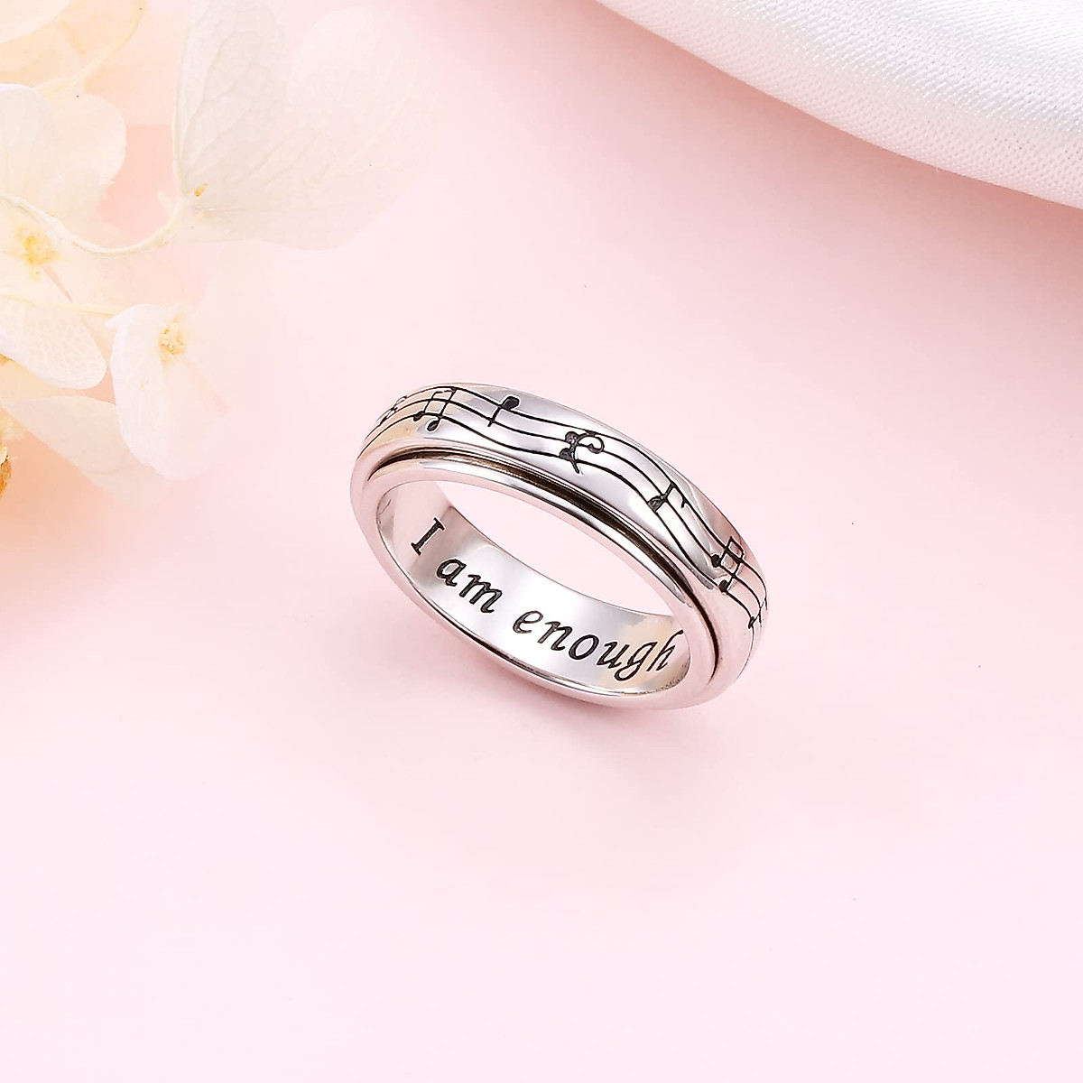 DAOSHANG Sterling Silver Fidget Ring Anxiety Ring for Women I am enough Music Note Spinner Ring Music Jewelry Gift for Music Lover