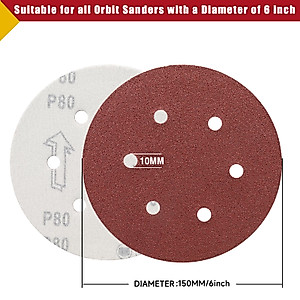 POTUINOM 100 PCS 6 Inch Sanding Discs, 6 Hole Hook and Loop Sandpaper 60 80 120 240 400 Grit Set, Round Orbital Sand Paper Discs for Sander